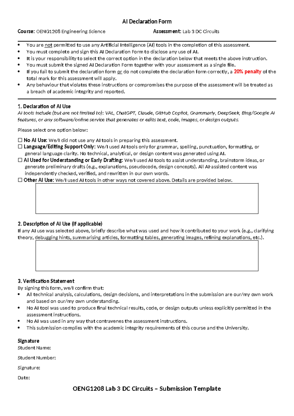 OENG1208 - Lab 3 DC Circuits AI Declaration Form & Submission Template ...