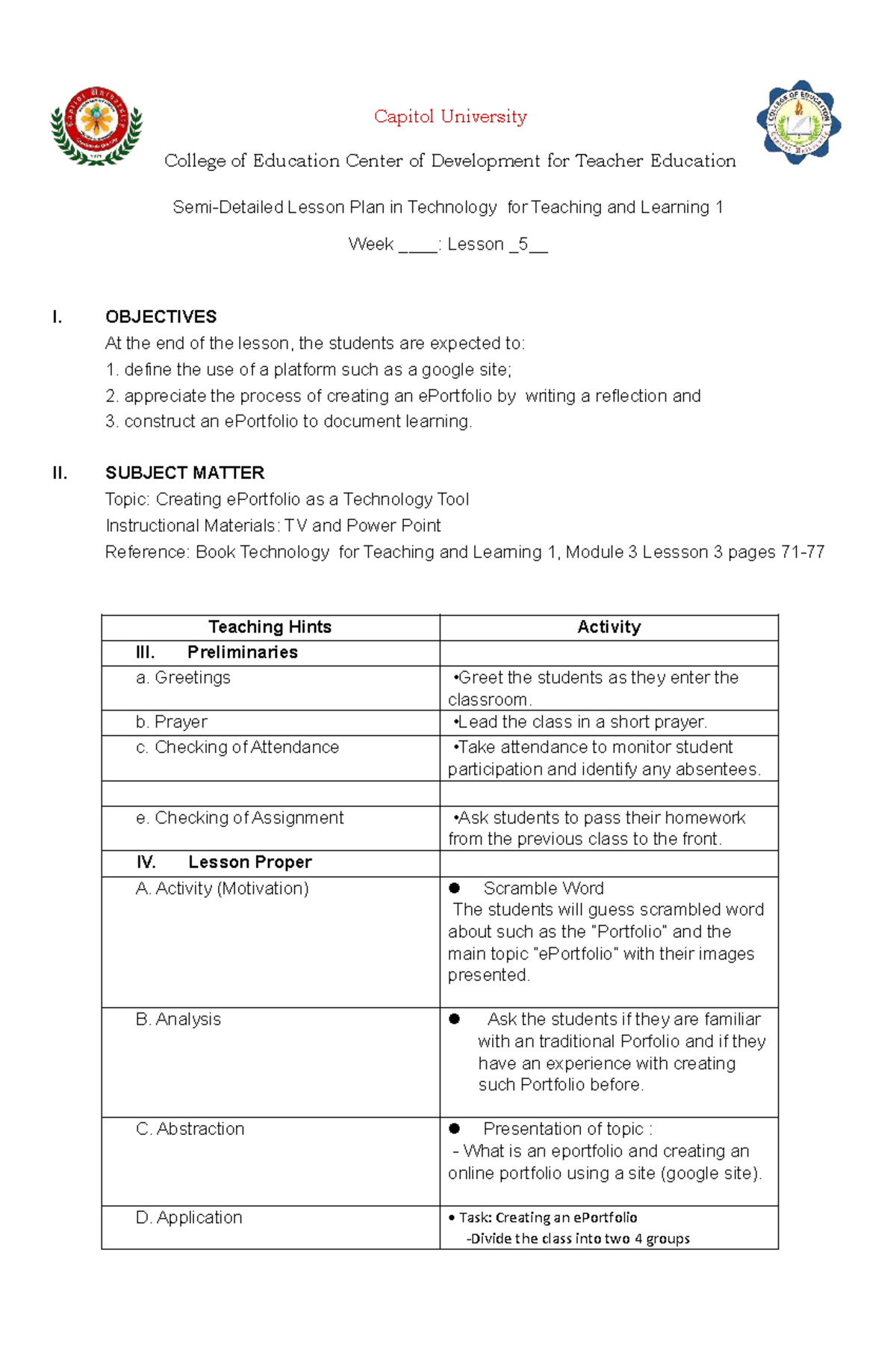 TTL Reporting - LESSON PLAN - Capitol University College of Education ...