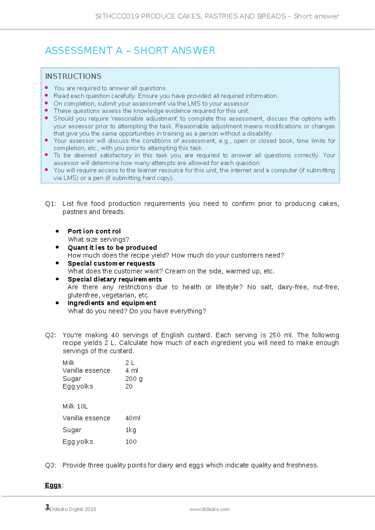 SITHCCC019 Assessment A: Short Answer Questions Simplified V2.1 - Studocu
