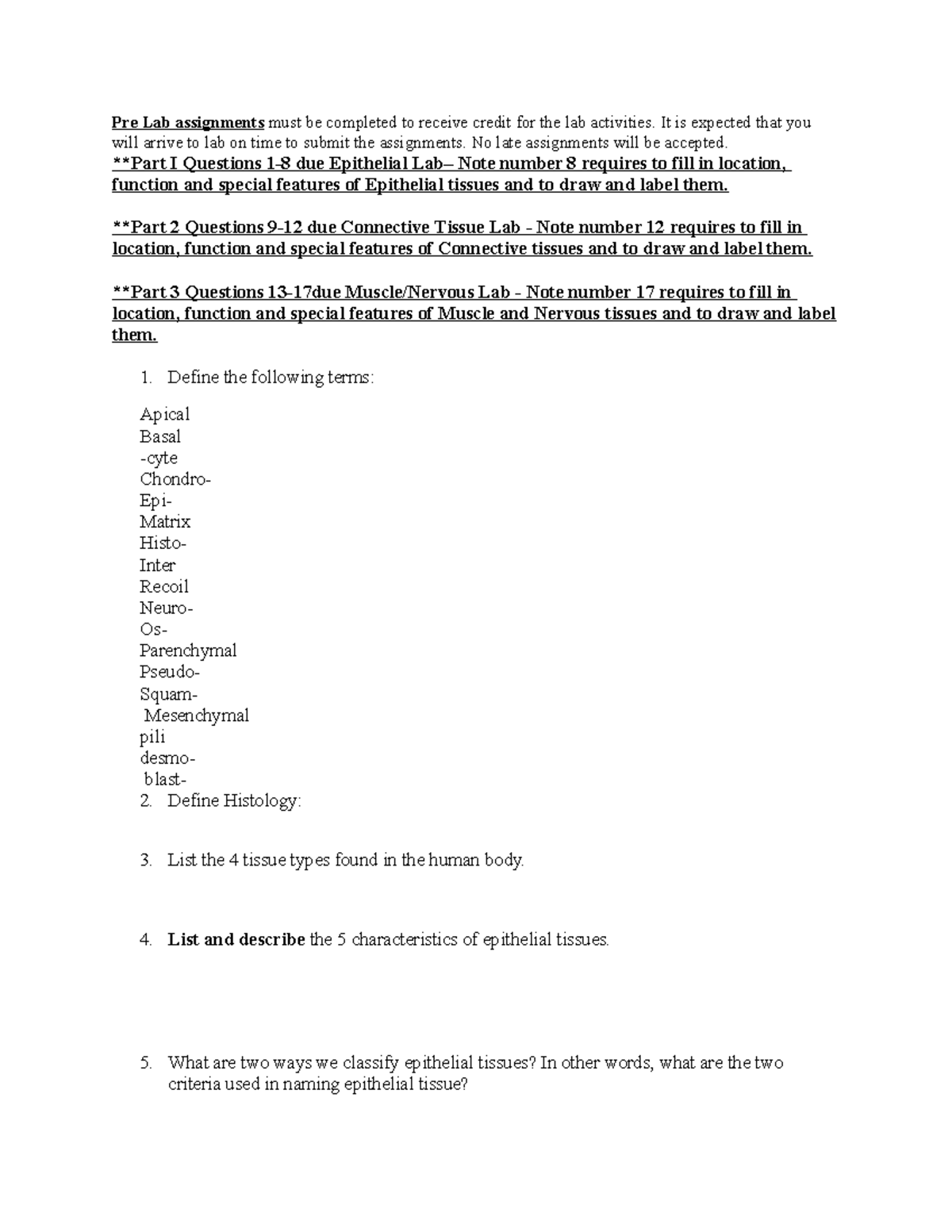 Epithelial, Connective & Muscle/Nervous Tissues Lab Checklist - Studocu