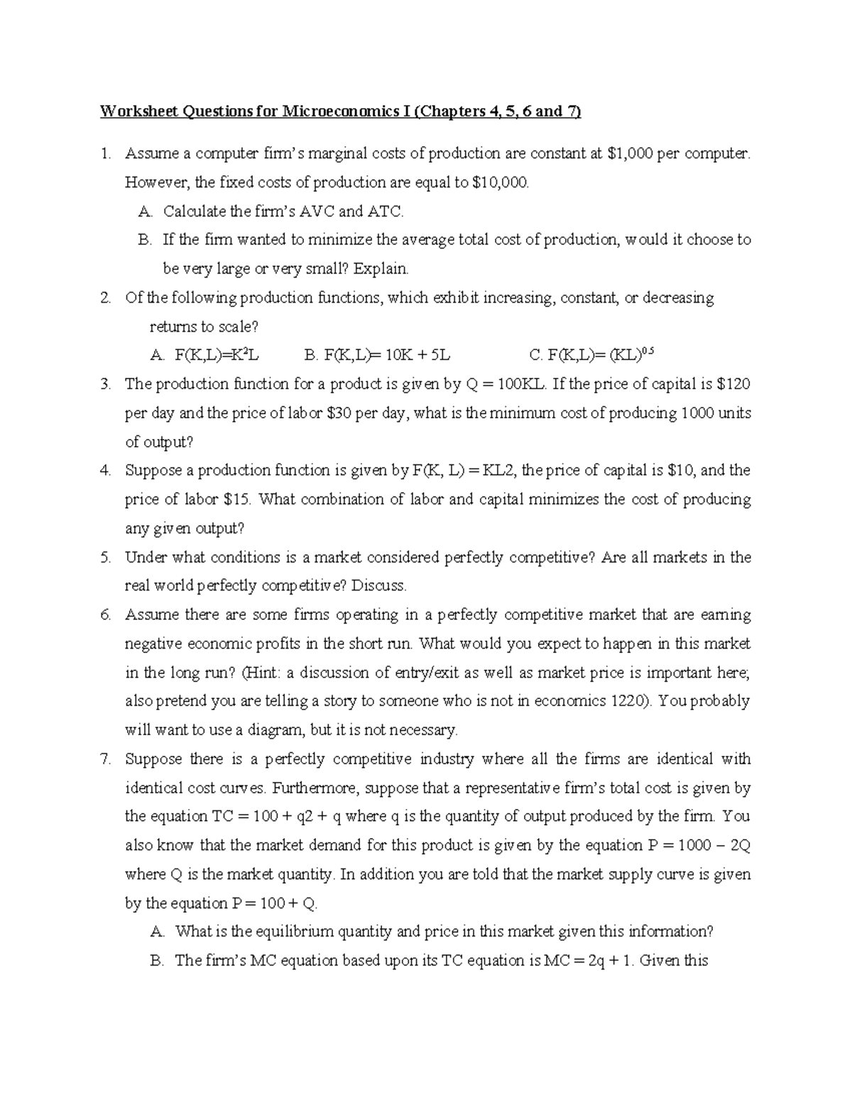 Worksheet Questions for Microeconomics I (Chapters 4-7) - Studocu