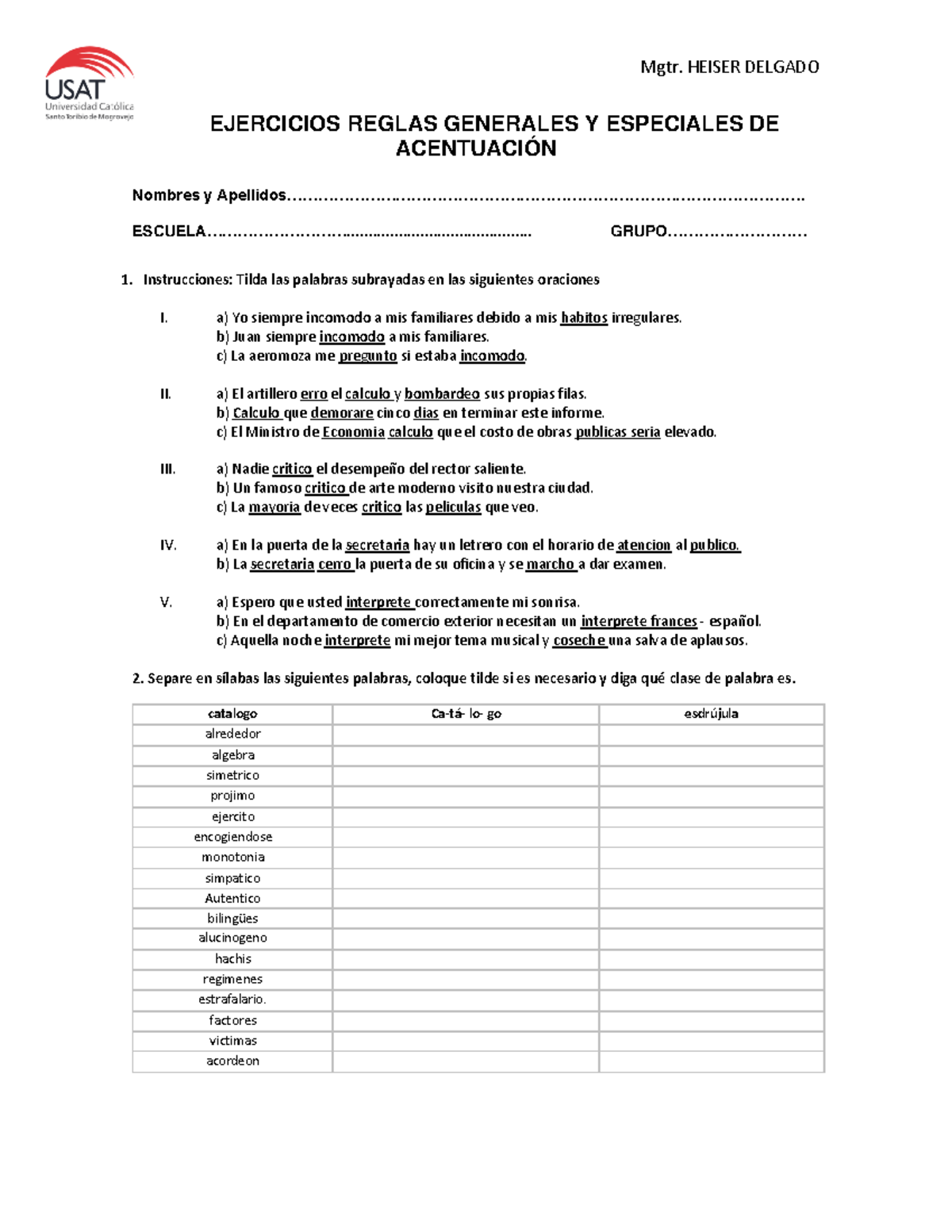 Taller 1 - Ejercicios de Acentuación y Clasificación de Palabras - Studocu
