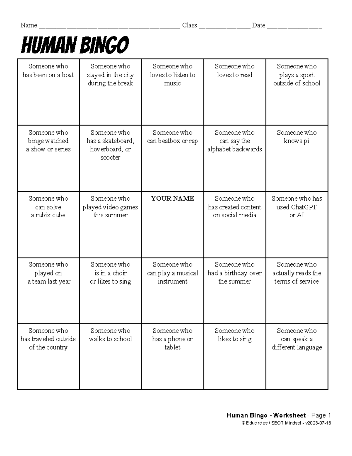 Human Bingo Activity - Engaging Class Interaction - Studocu