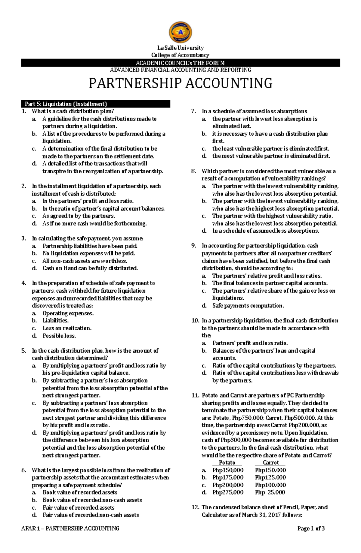 AFAR 1 – Partnership Accounting: Liquidation and Cash Distribution ...