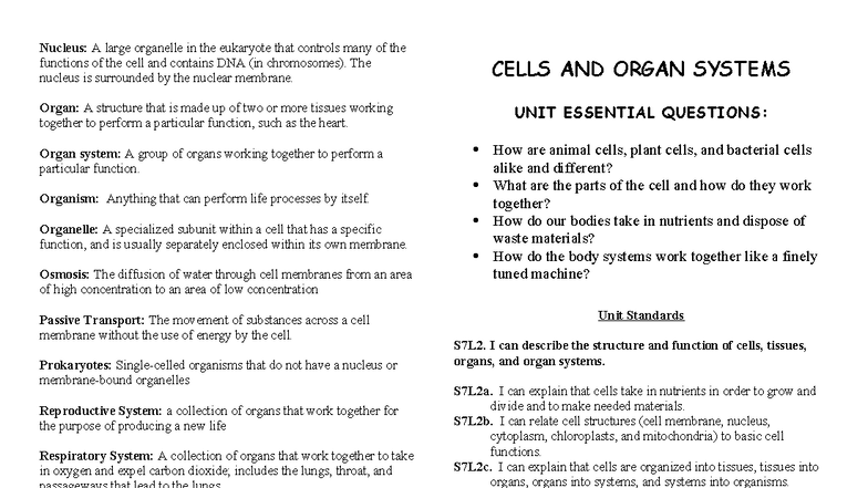 ISN Unit Cover Sheet - Grade 7: Cells & Organ Systems Unit 2 - Studocu