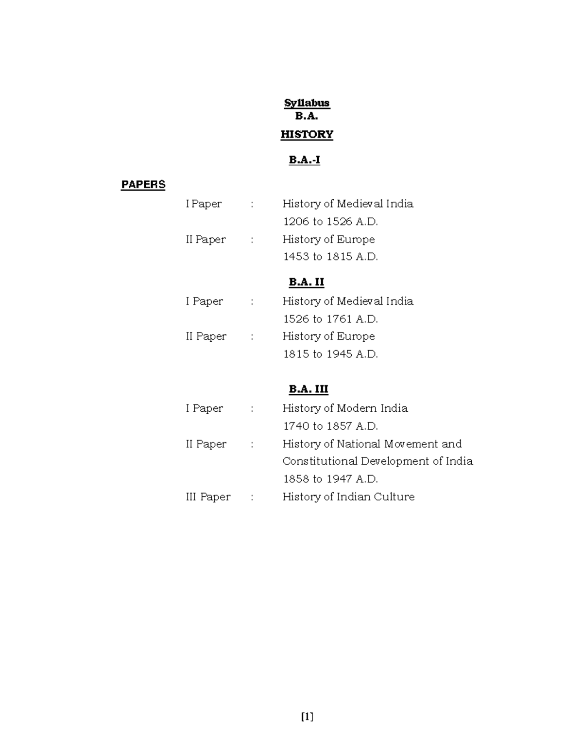 BA History - Syllabus B. HISTORY B.-I PAPERS I Paper : History of ...