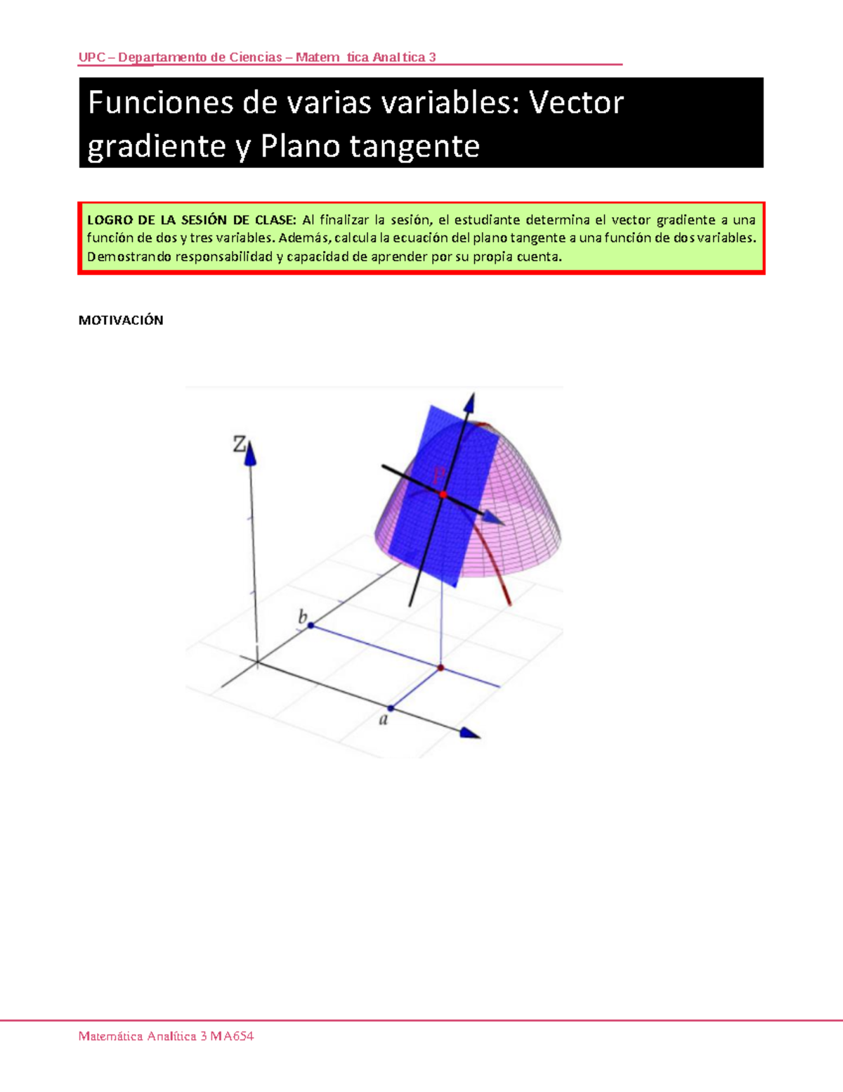 Matemática Analítica 3 MA654: Vector Gradiente y Plano Tangente - Studocu