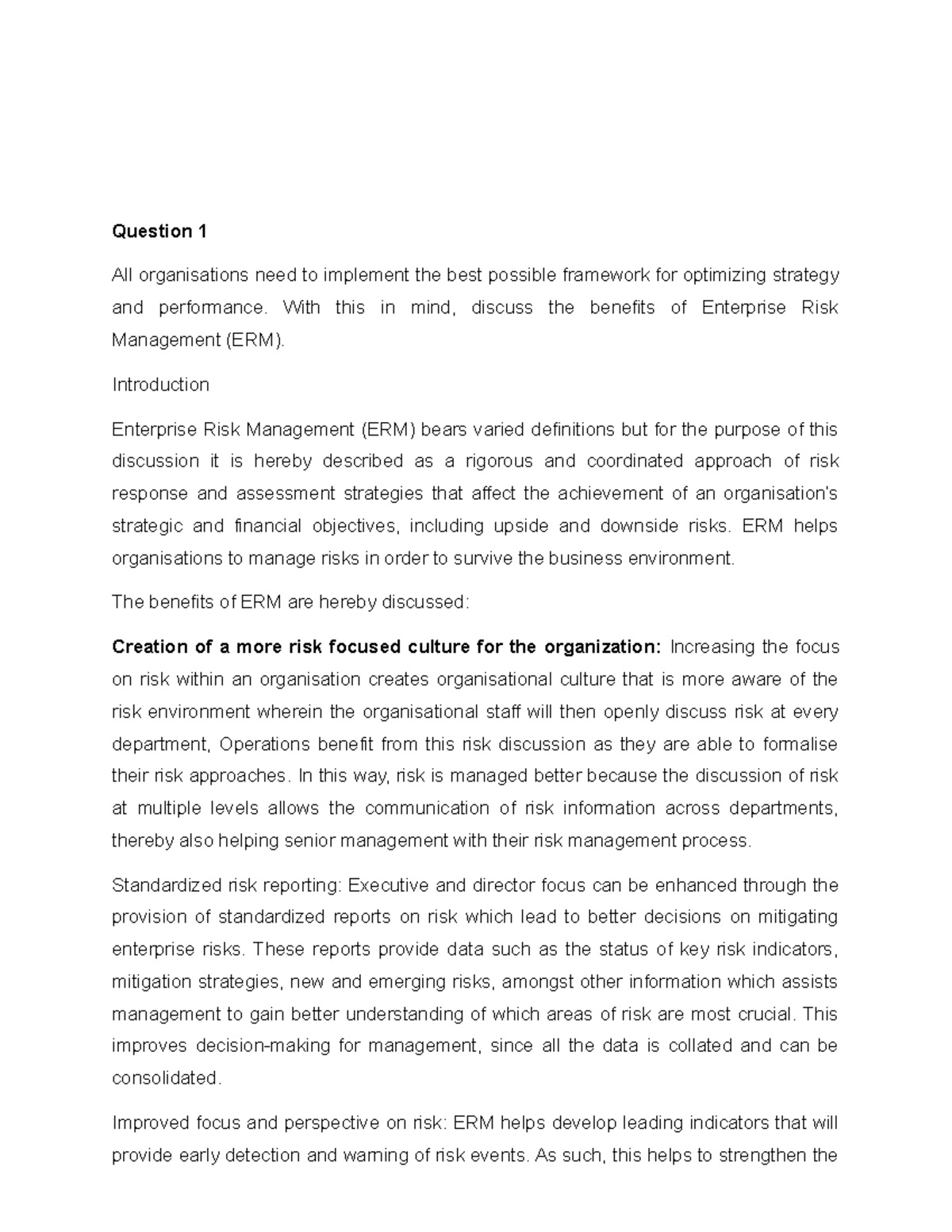 ERM Case Study: Exploring Risk Management Benefits and Practices - Studocu