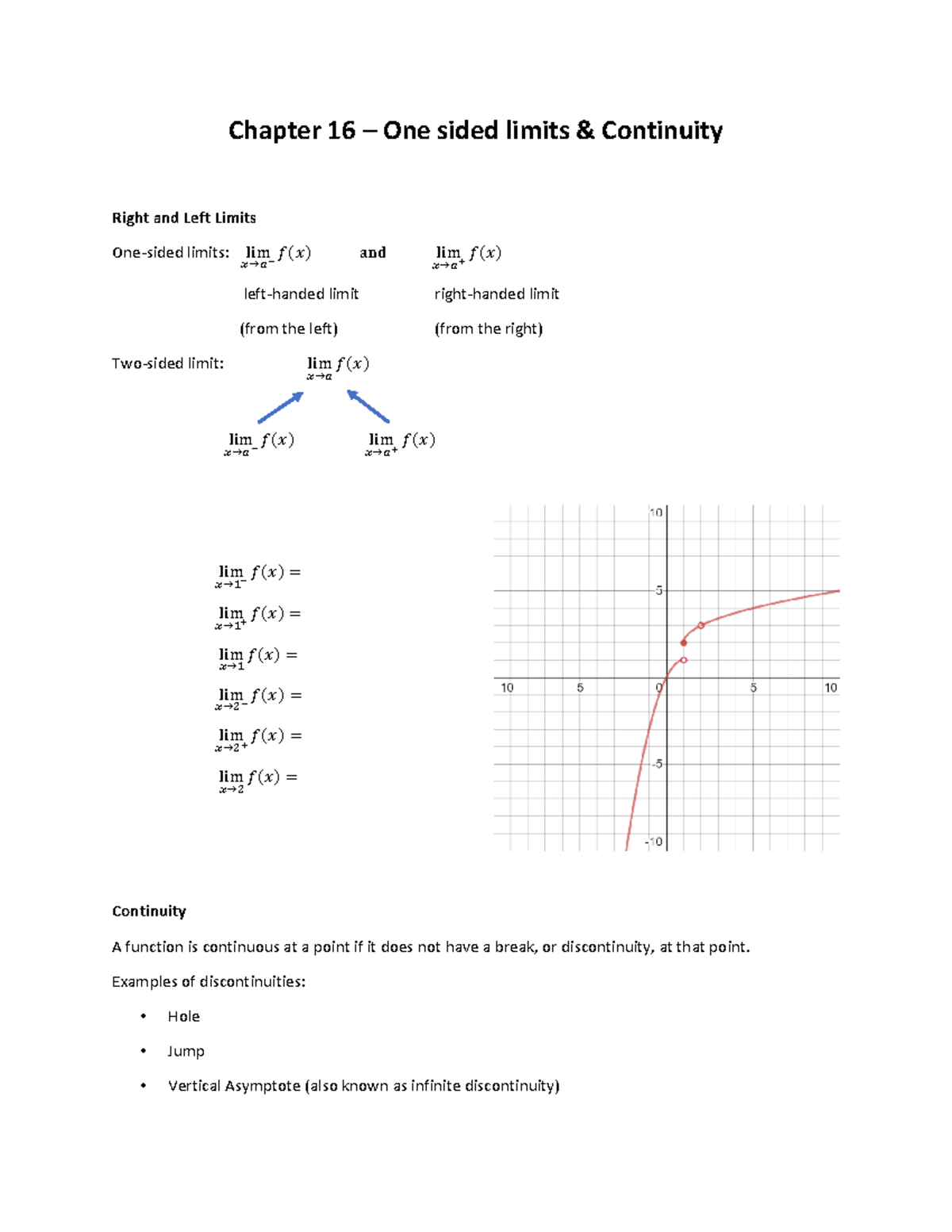Module 4: Chapter 16 Notes on One-Sided Limits & Continuity - Studocu
