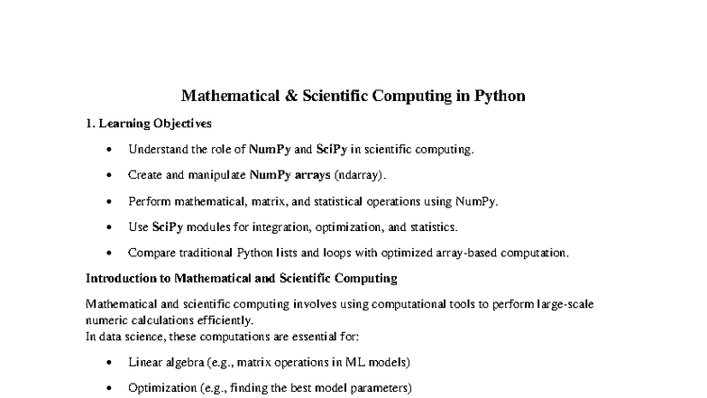 Mathematical Sci Computing in Python: NumPy & SciPy Overview - Studocu