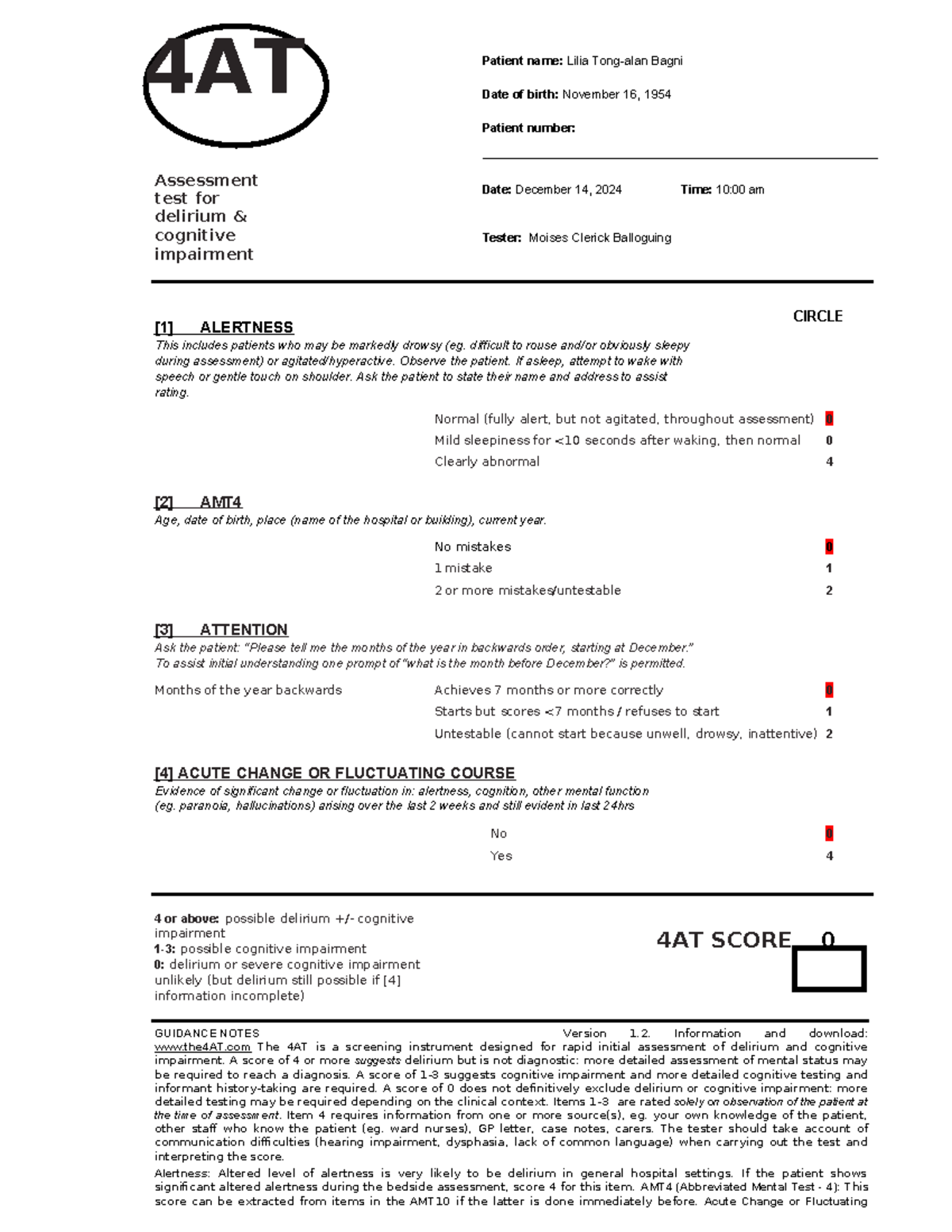 4At Delirium and Cognitive Assessment - Patient name: Lilia Tong-alan ...