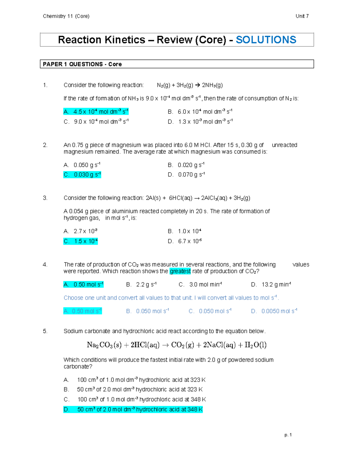 Kinetics Review Questions Core (2024) - Detailed Solutions - Studeersnel