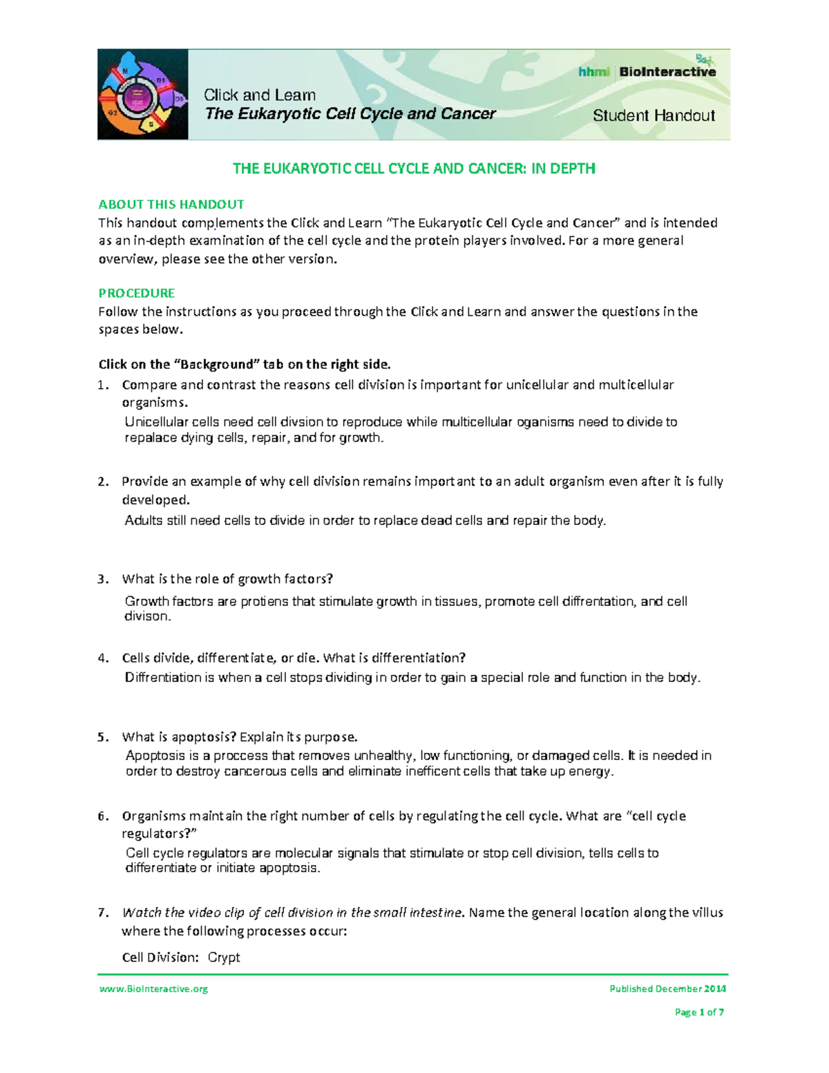 Eukaryotic Cell Cycle & Cancer Study Guide Worksheet (BioInteractive ...