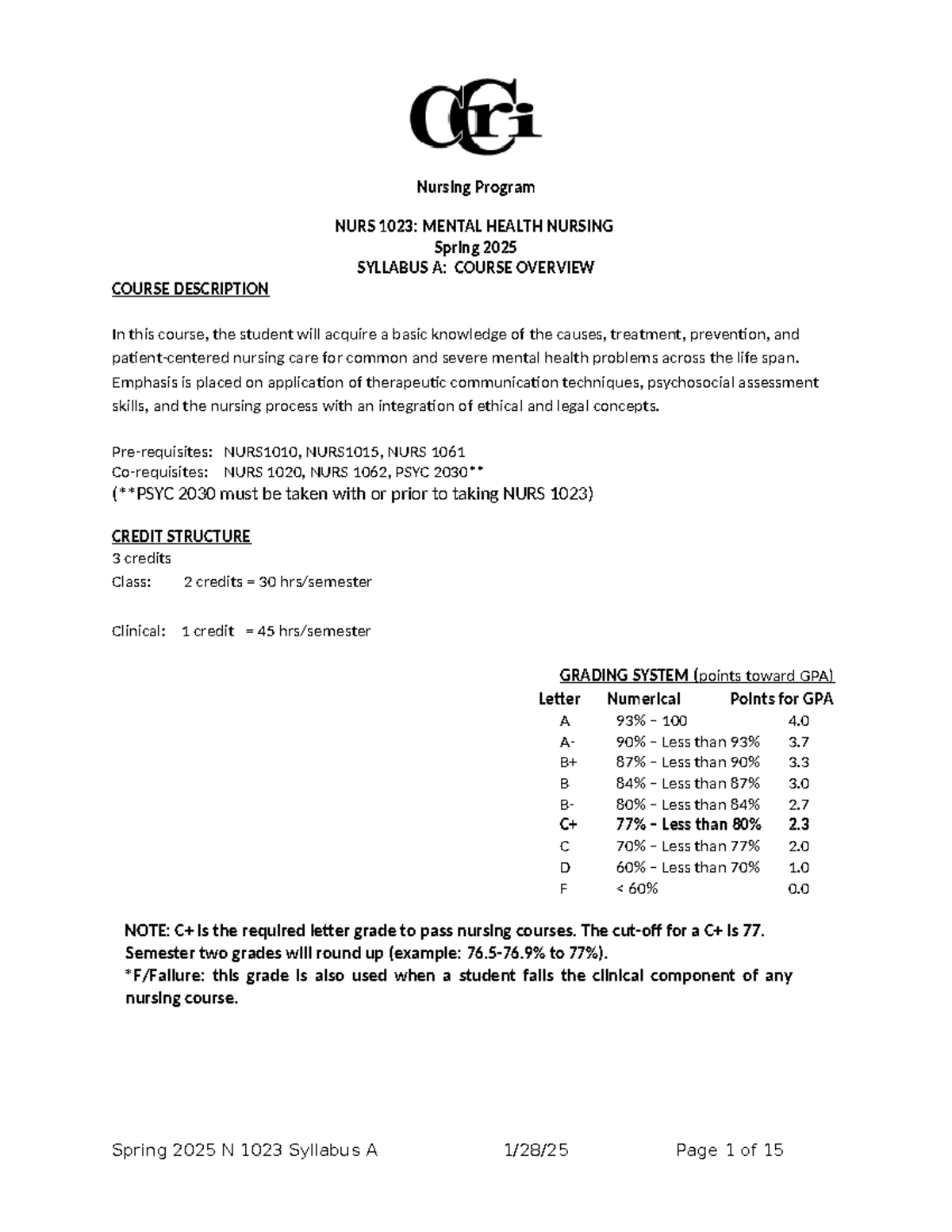 Spring 2025 NURS 1023: Mental Health Nursing Syllabus A - Studocu