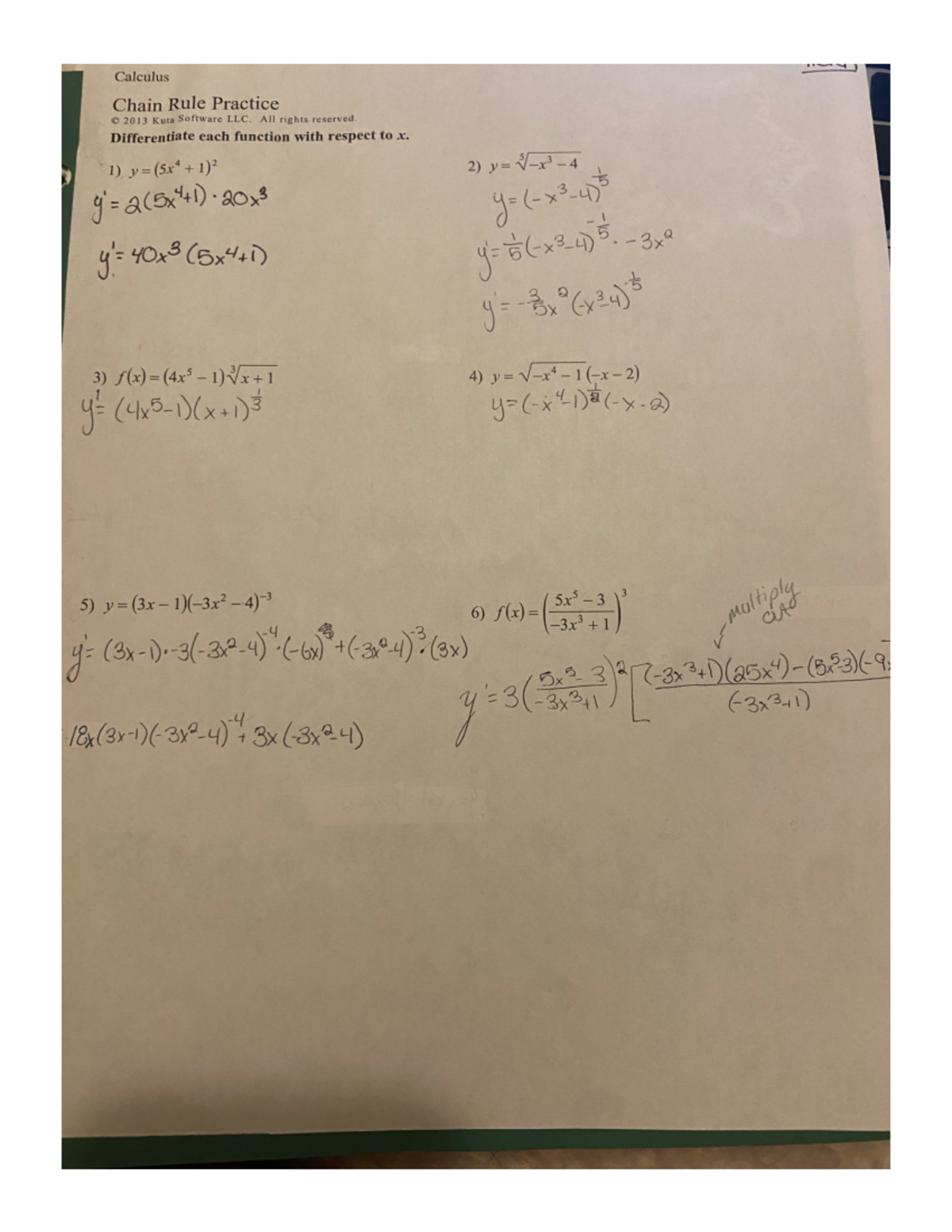 Chain Rule Practice - All rights reserved. Differentiate each function ...