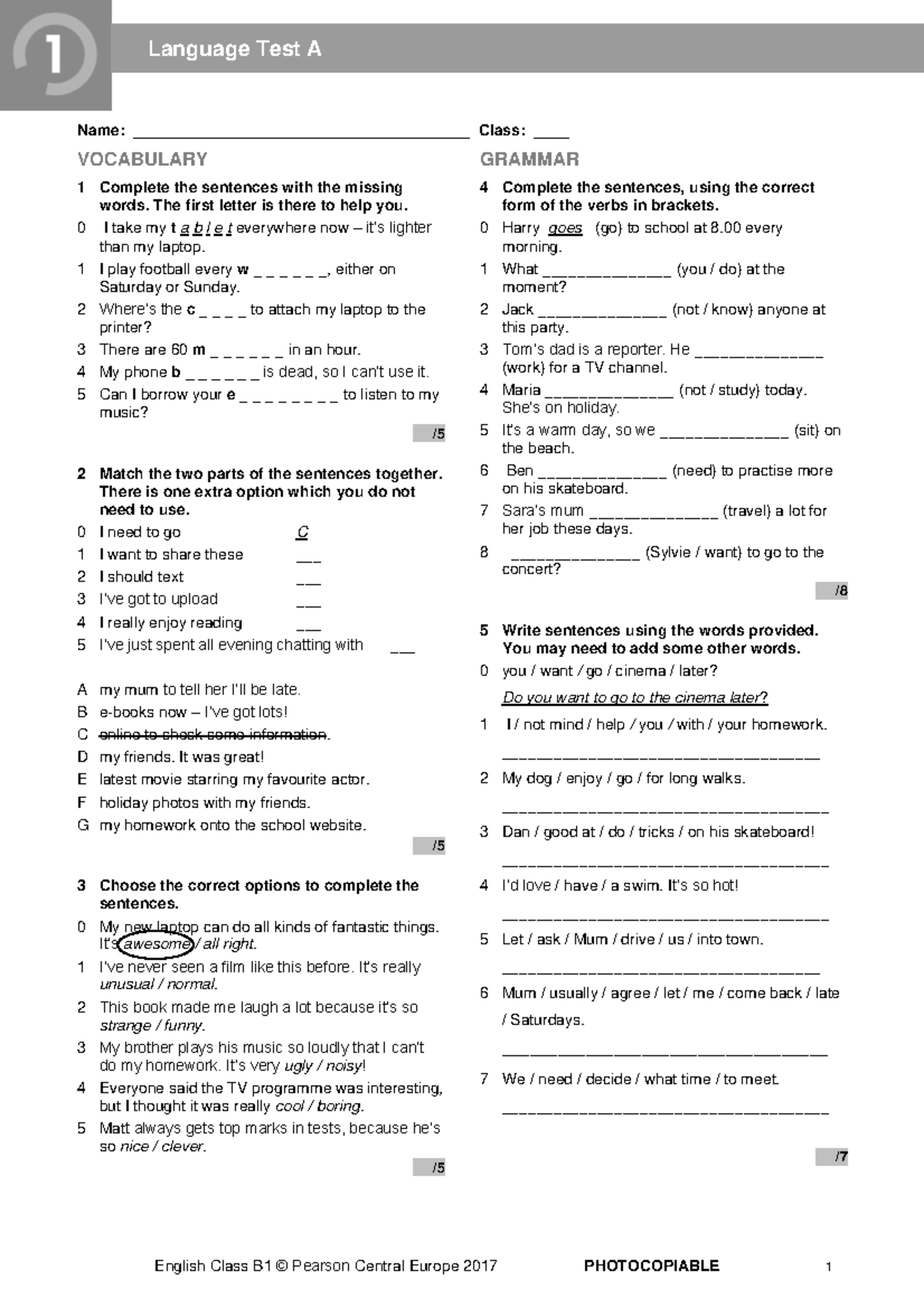 ECB1 Language Test 1A: Vocabulary & Grammar Exercises - Studocu
