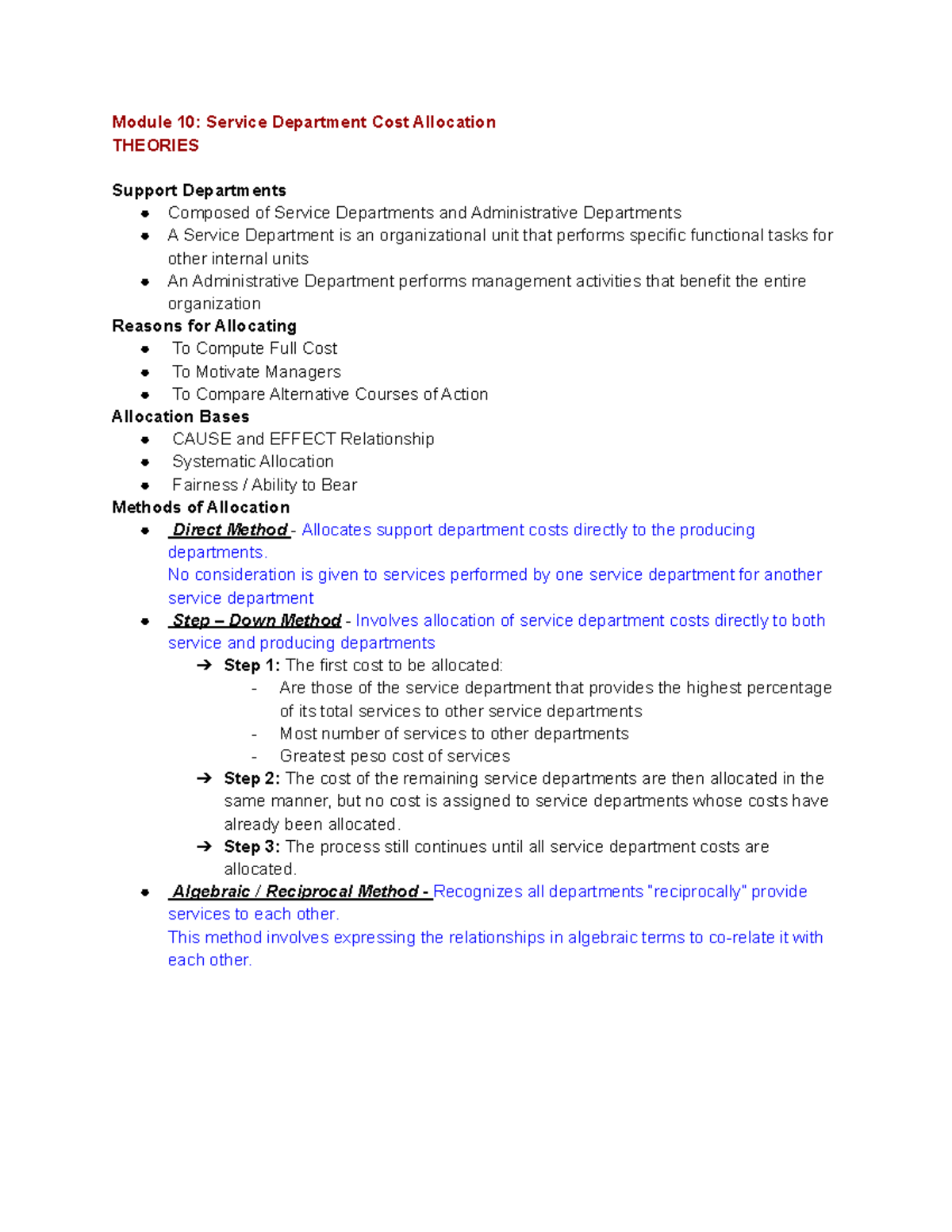 Module 10: Service Department Cost Allocation Notes 201 - Studocu