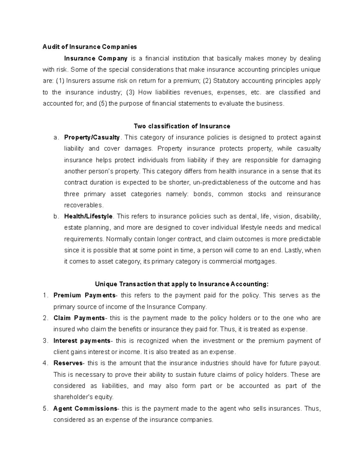 Audit of Insurance Companies: Insights on Specialized Industry (ACC 101 ...