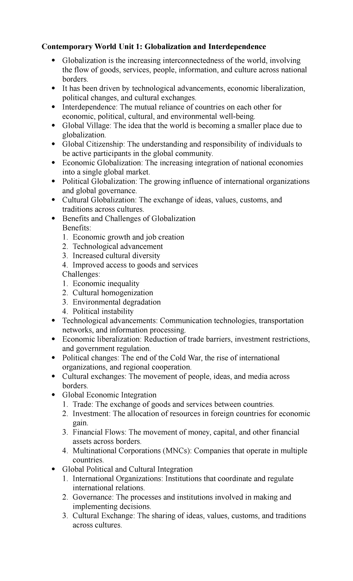 CW Summary UNIT 1 TO 4 - Please study this. - Contemporary World Unit 1 ...