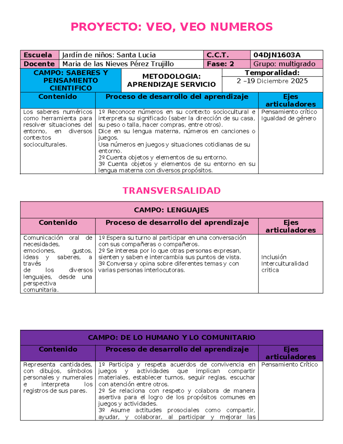 VEO, VEO NÚMEROS: Proyecto Educativo Multigrado 2025-2026 - Studocu