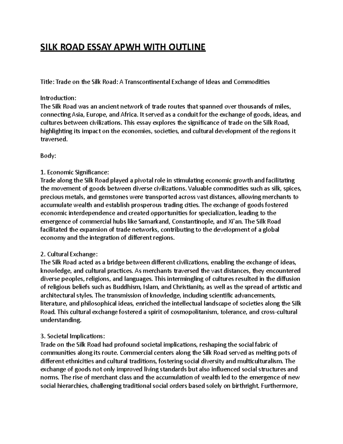 SILK ROAD Trade Essay APWH: Economic & Cultural Impacts with Outline ...