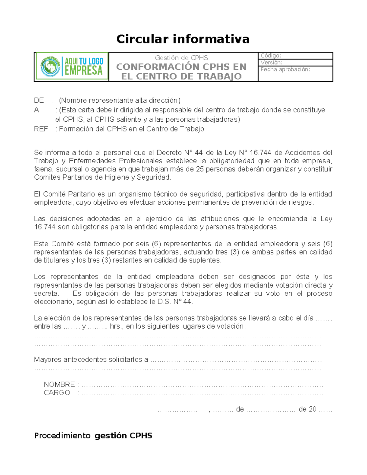 Circular Informativa sobre la Gestión del CPHS - D.S. 44 - Studocu