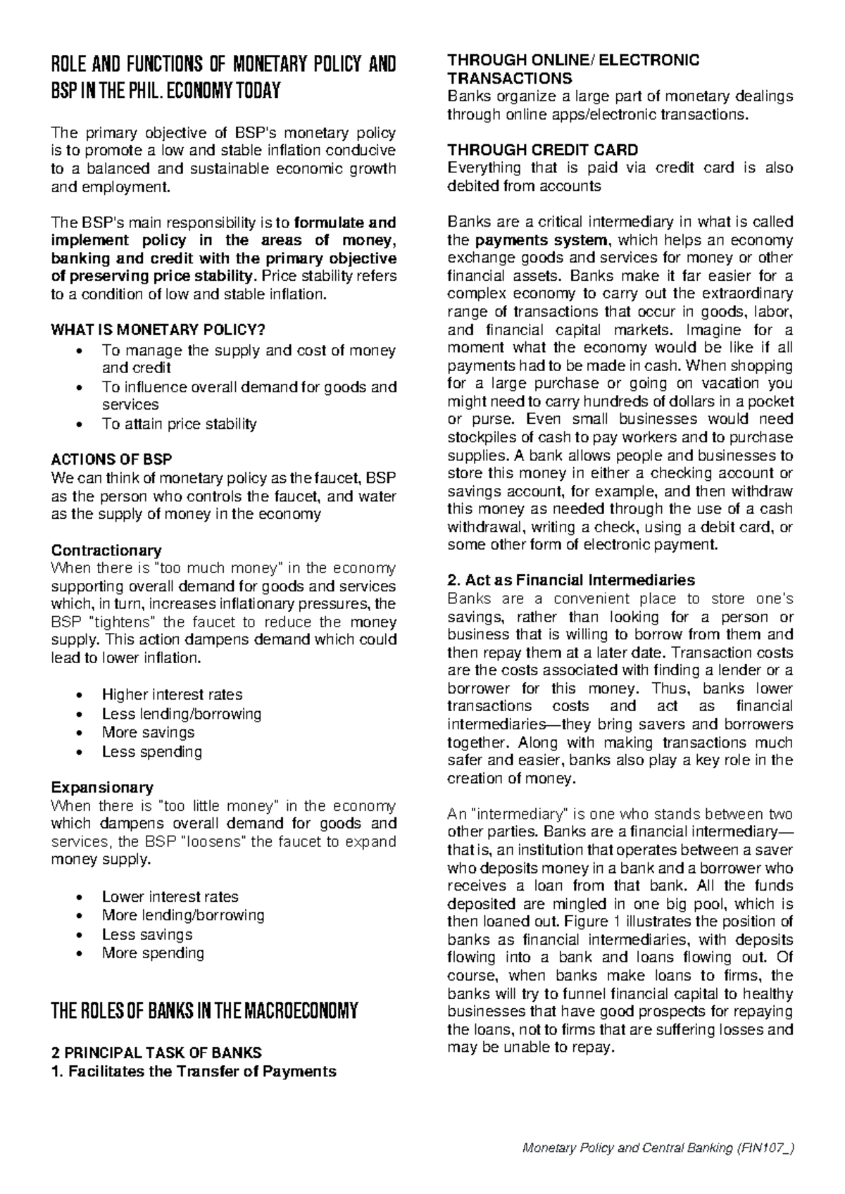 Monetary policy revIewer - Monetary Policy and Central Banking (FIN107 ...