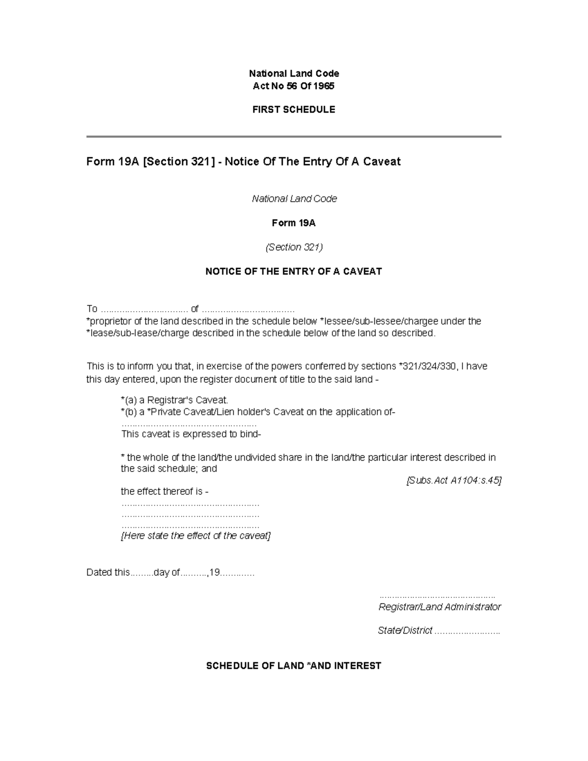 Form 19A [Sec 321] - Notice of Caveat Entry in National Land Code - Studocu