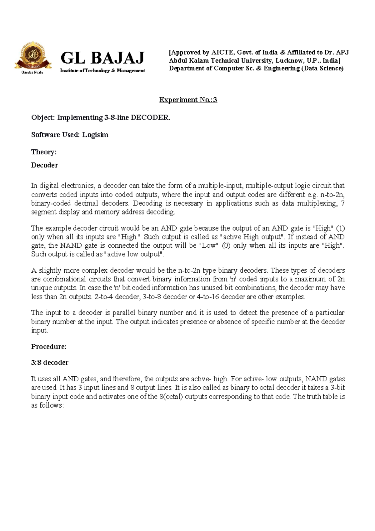 CSE(DS).BCS352.Experiment 3: Implementing a 3:8 Decoder - Studocu