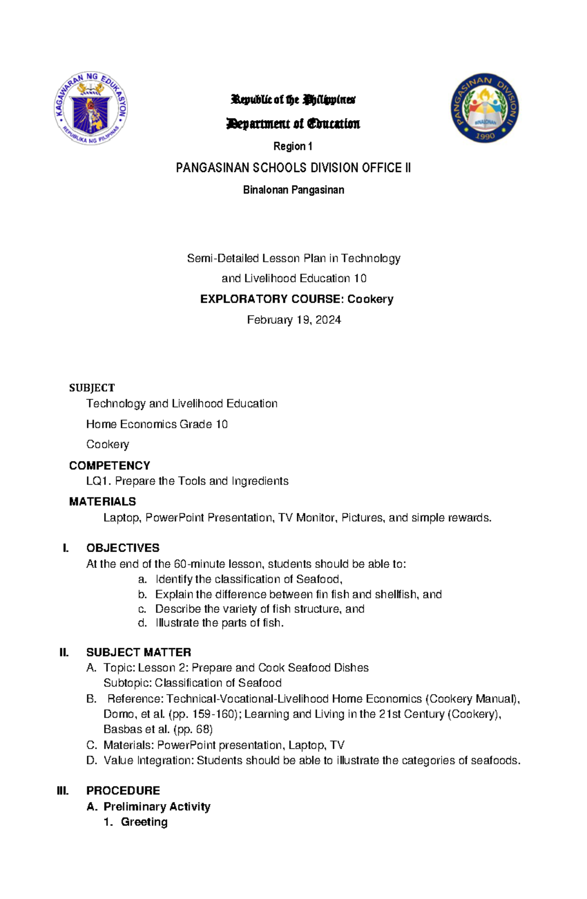 Jenns Lesson Plan for JHS Seafoods - Republic of the Philippines ...