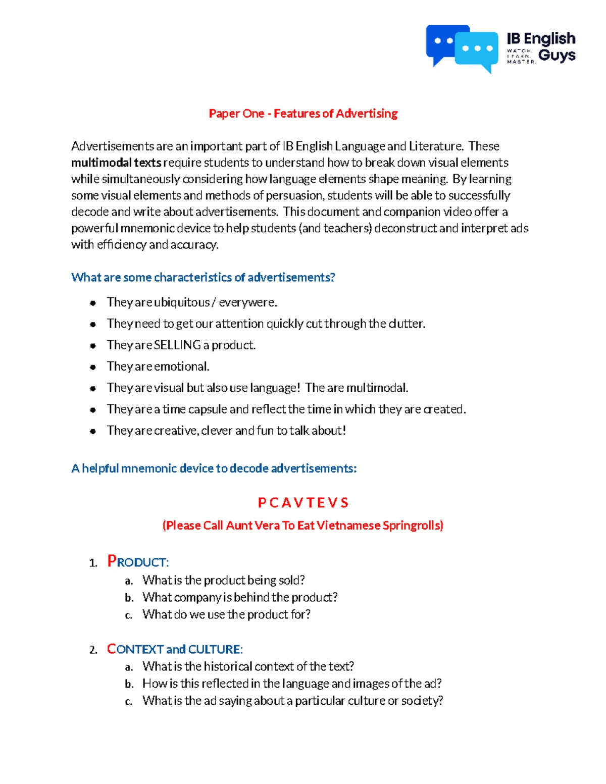Paper One - Decoding Advertisements: Key Features & Analysis - Studocu