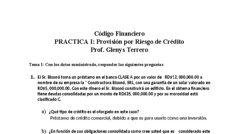 Práctica I: Provisión por Riesgo de Crédito LP - Prof. Glenys Terrero ...