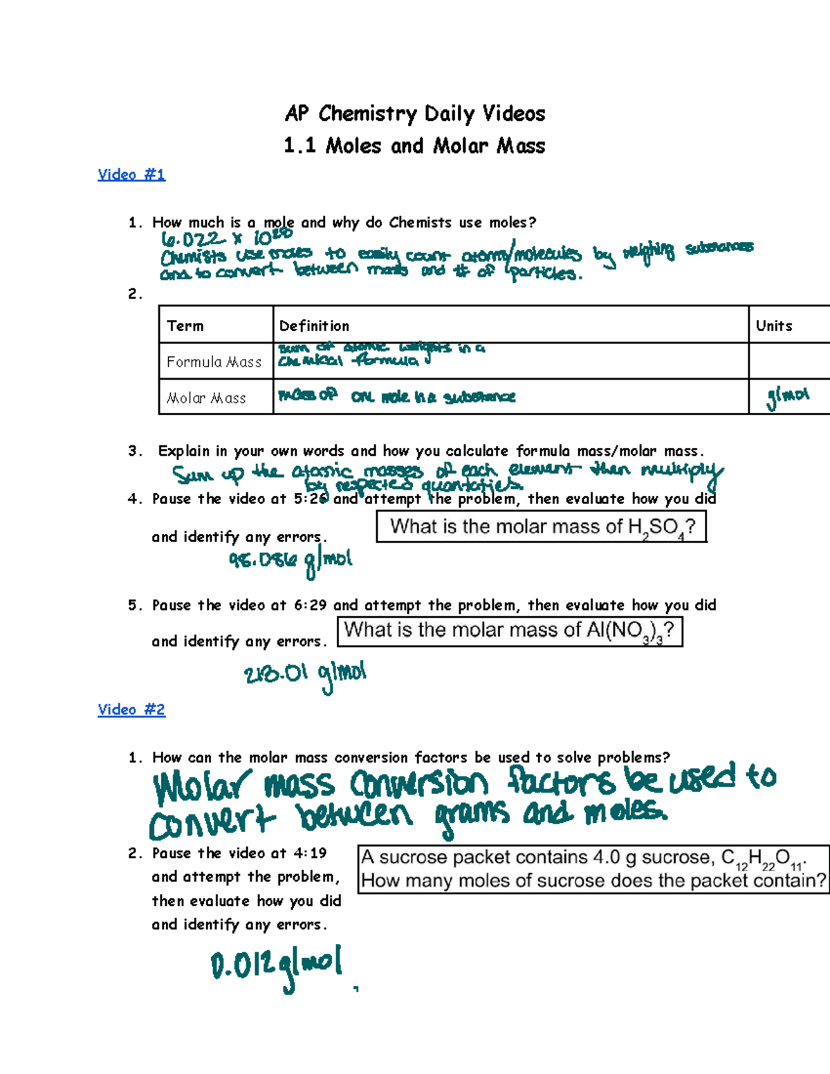 AP Chemistry Daily Video: Moles & Molar Mass (1.1) - Studocu