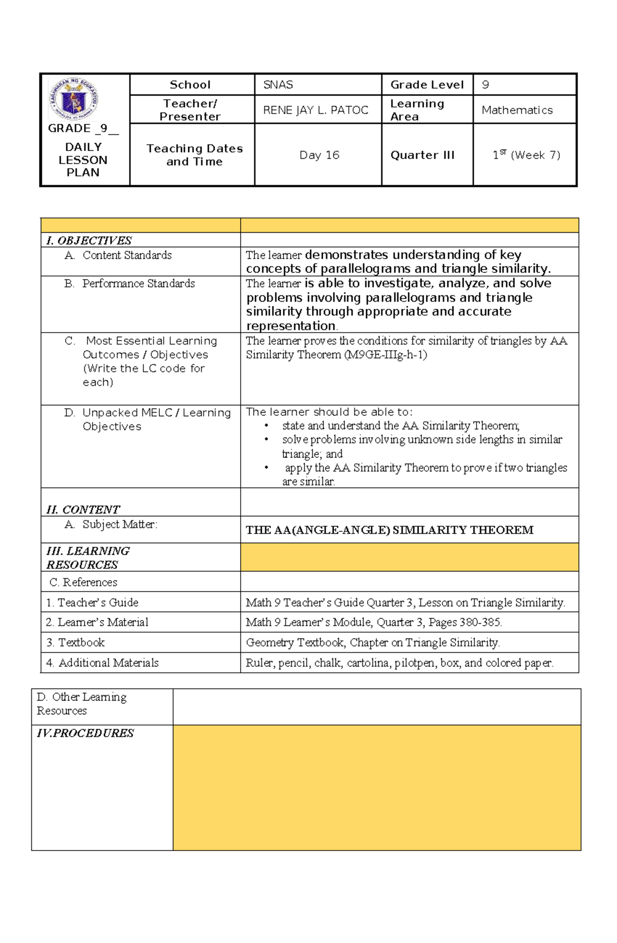 Grade 9 Math Lesson Plan: AA Similarity Theorem & Triangle Similarity ...