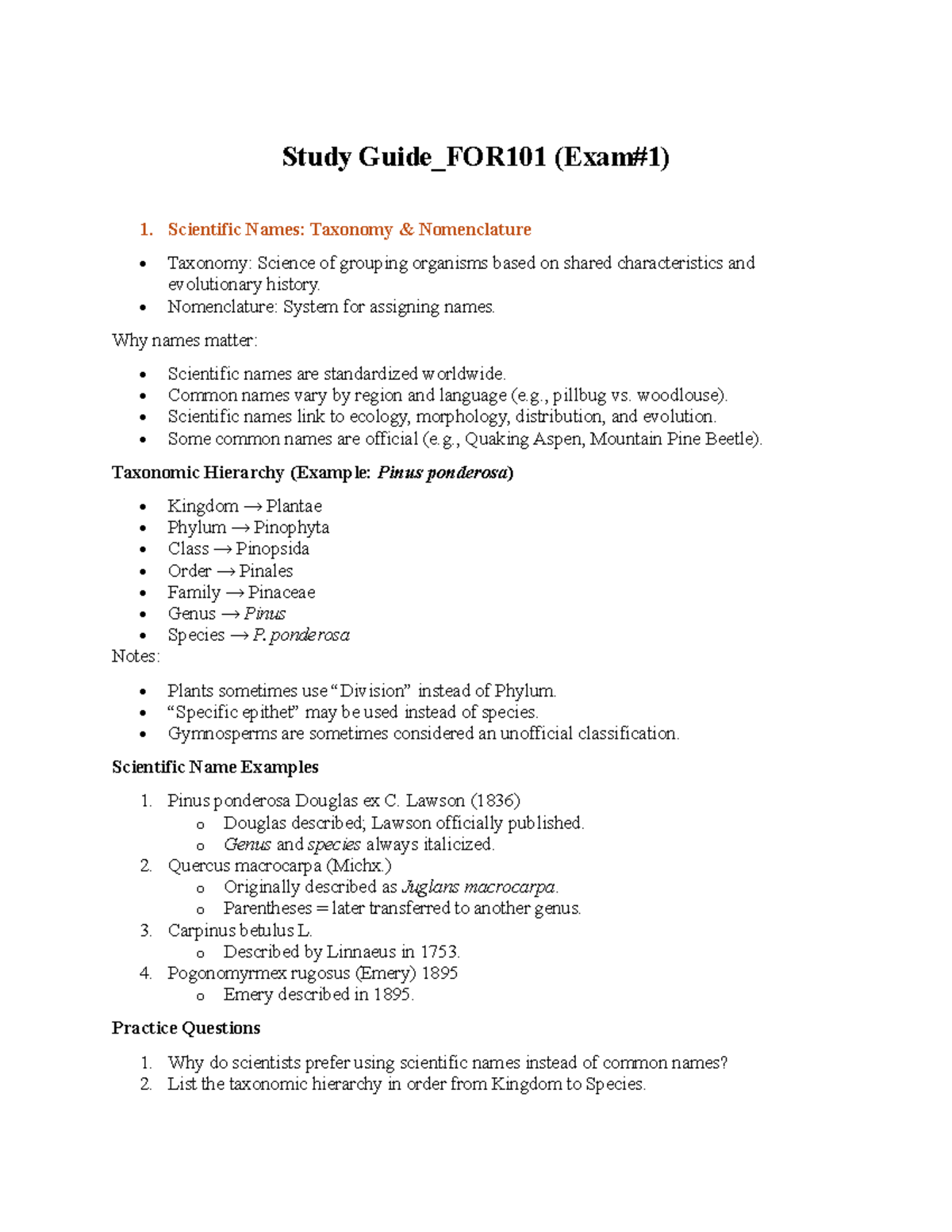 Study Guide_FOR101: Scientific Names, Taxonomy, and Tree Ecology - Studocu