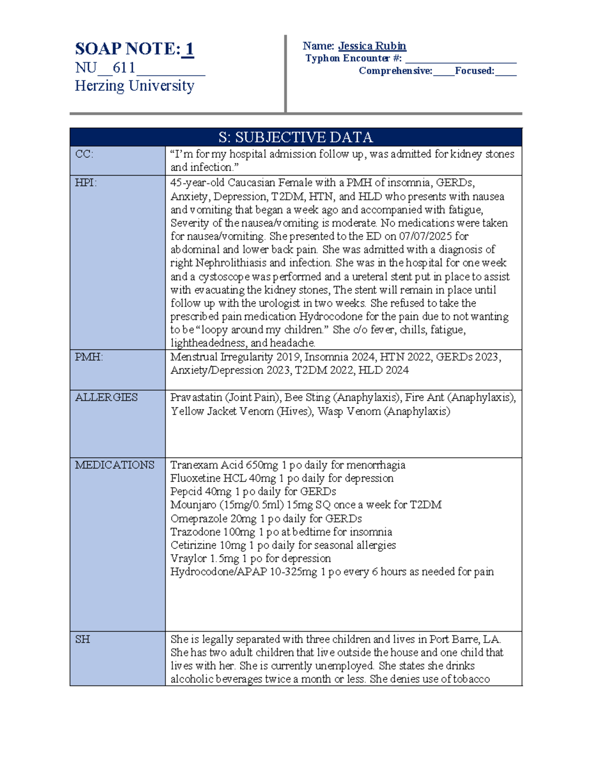 SOAP Note 1: Jessica Rubin - Herzing University Typhon Encounter - Studocu