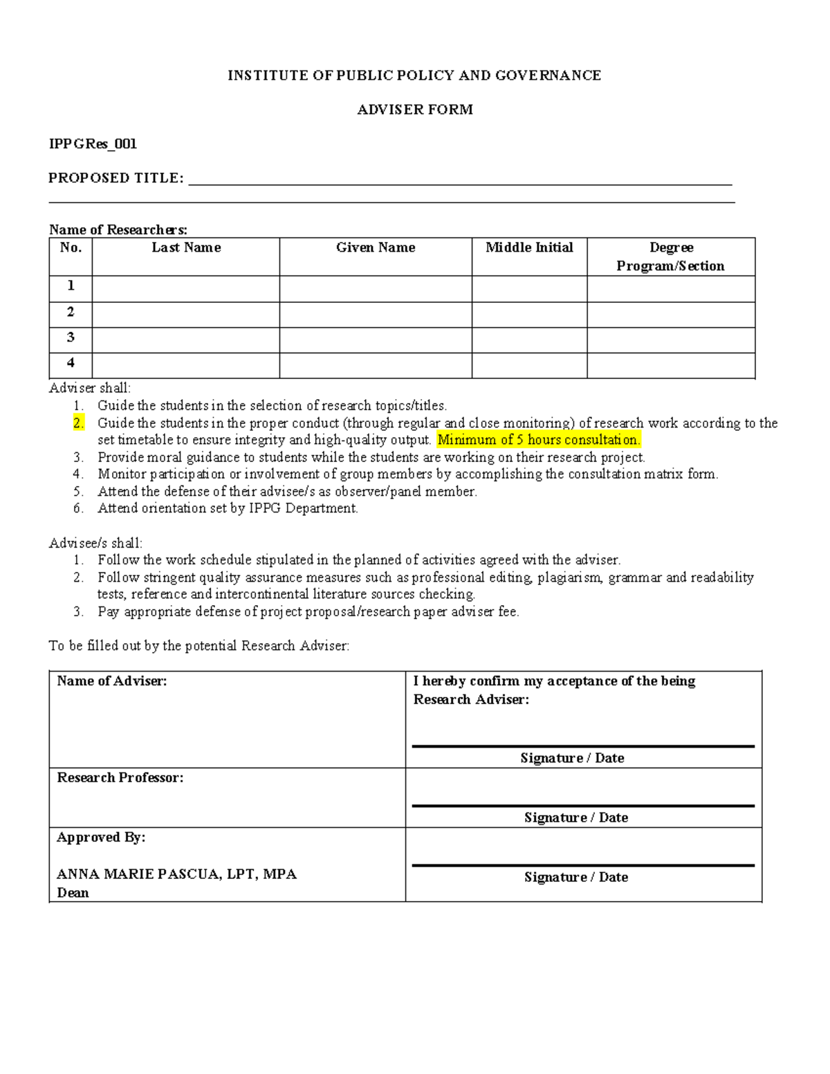 Adviser Form IPPGRes_001 - Research Guidance Template - Studocu