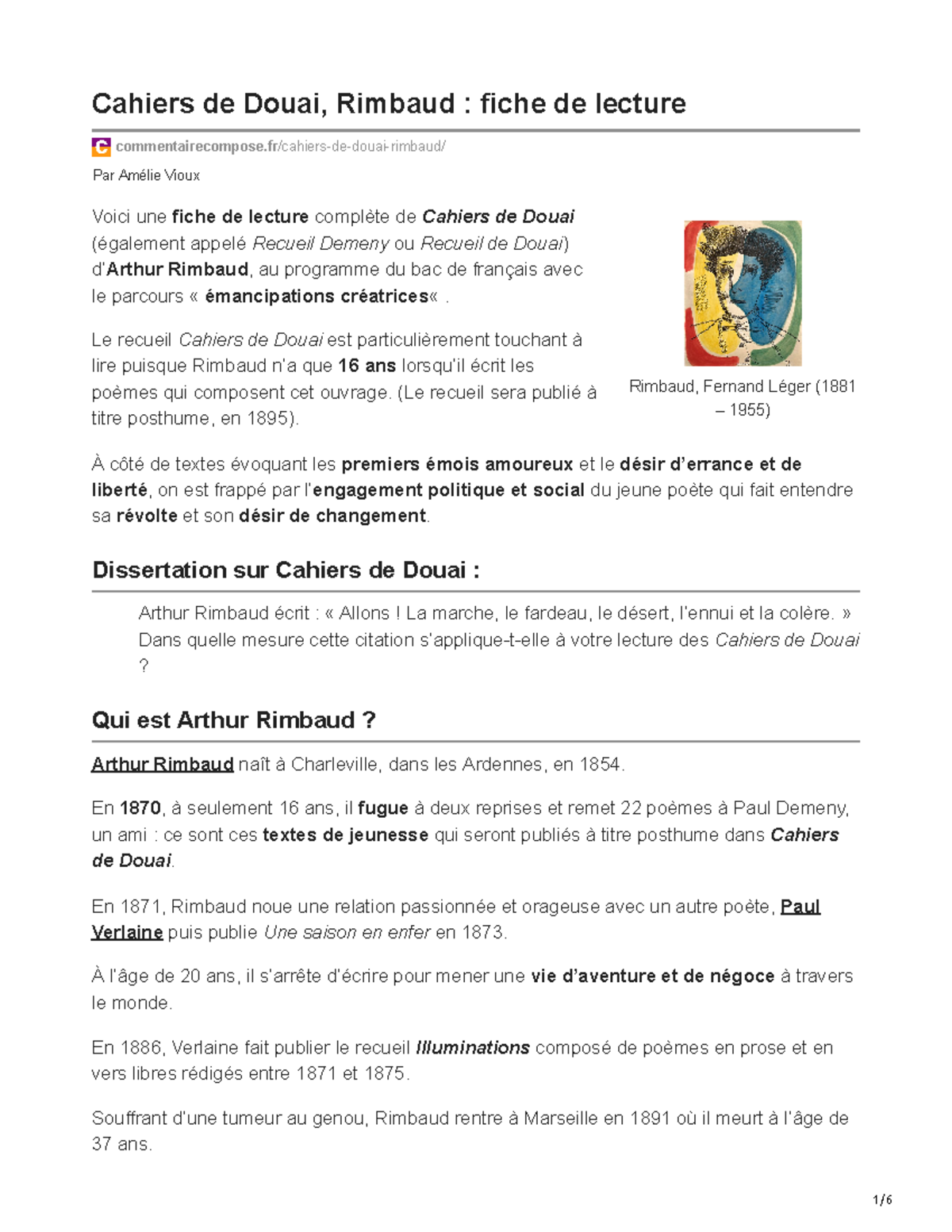 Fiche de Lecture : Cahiers de Douai de Rimbaud - Bac Français - Studocu
