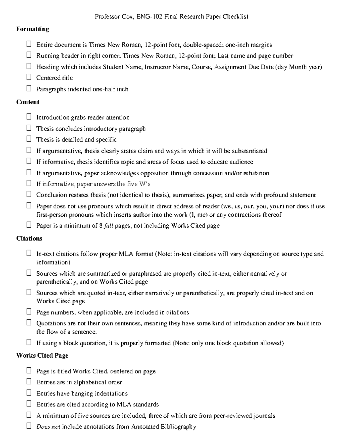 ENG 101: Final Research Paper Formatting Checklist - Studocu