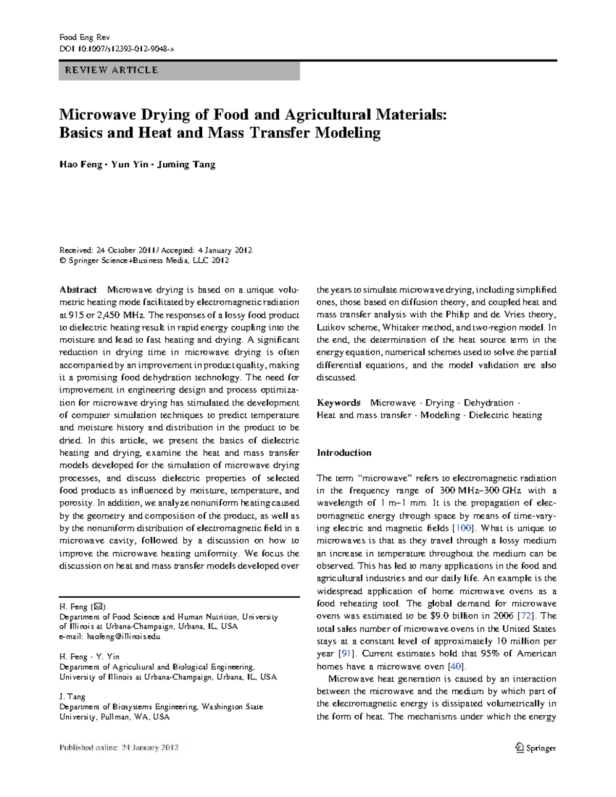 Microwave Drying of Food: Heat & Mass Transfer Modeling (Food Eng Rev ...