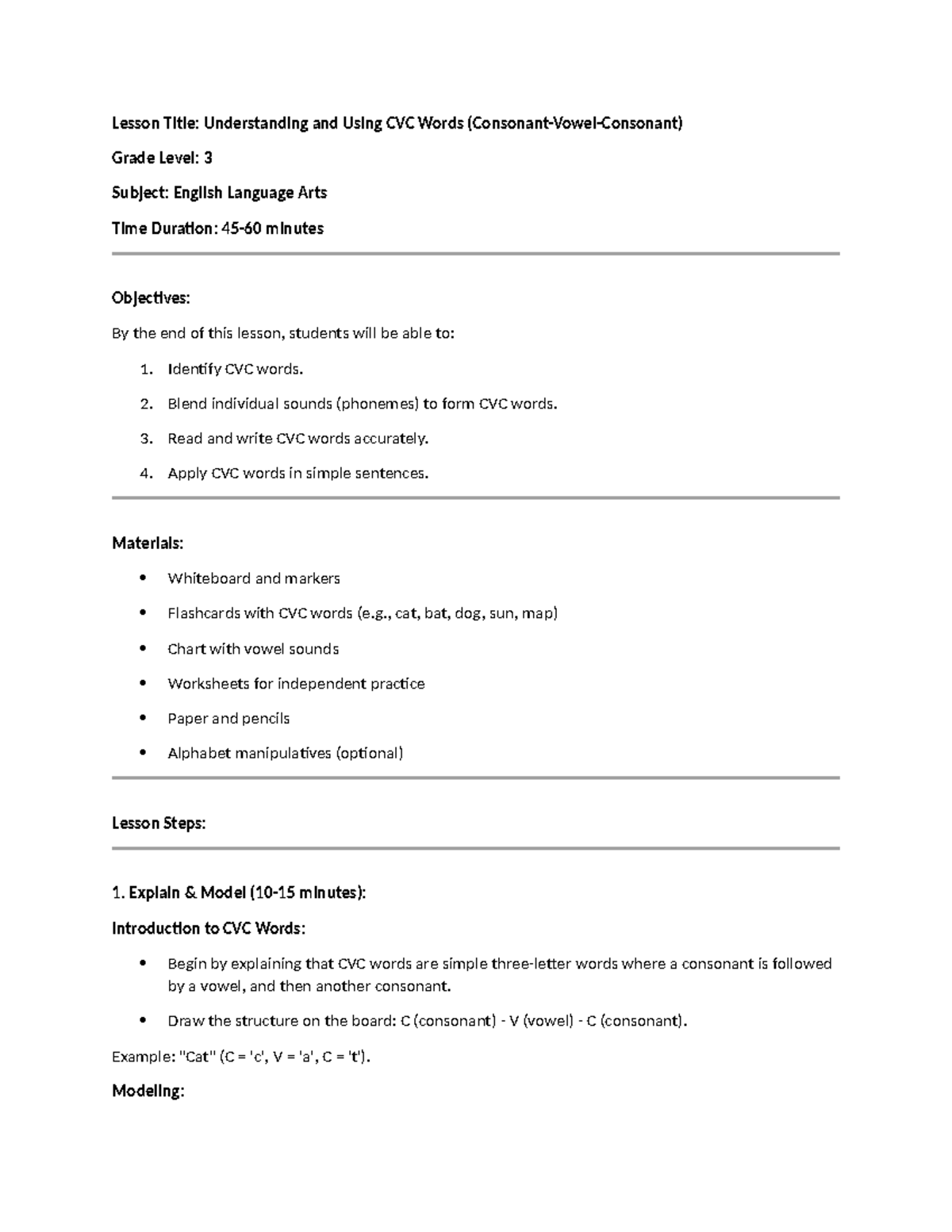 CVC Words Lesson Plan for 3rd Grade - English Language Arts - Studocu