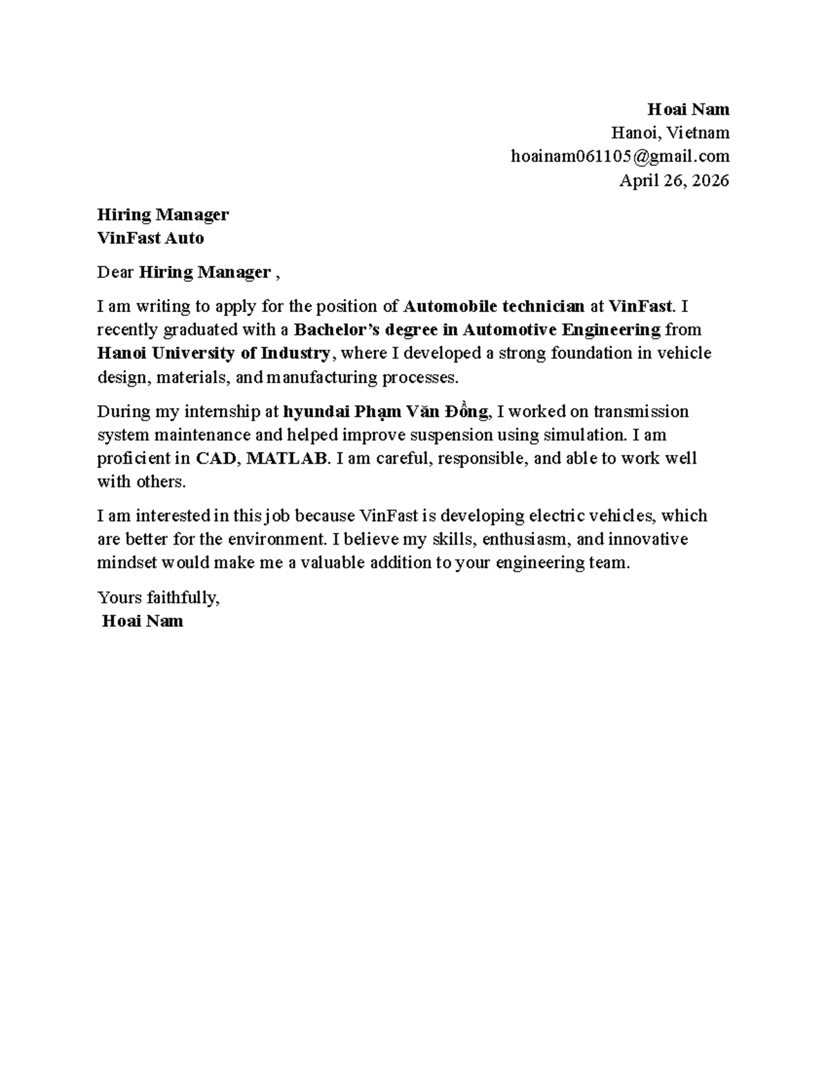 Application for Automobile Technician Position - Writing U7 Tienganh ...