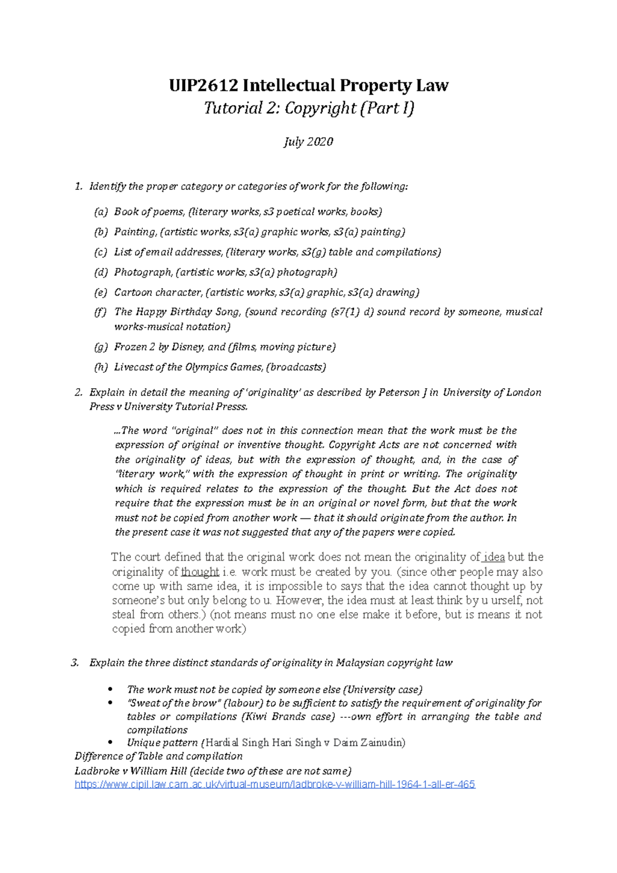 IPL T2W3 - Public international Law - UIP2612 Intellectual Property Law ...