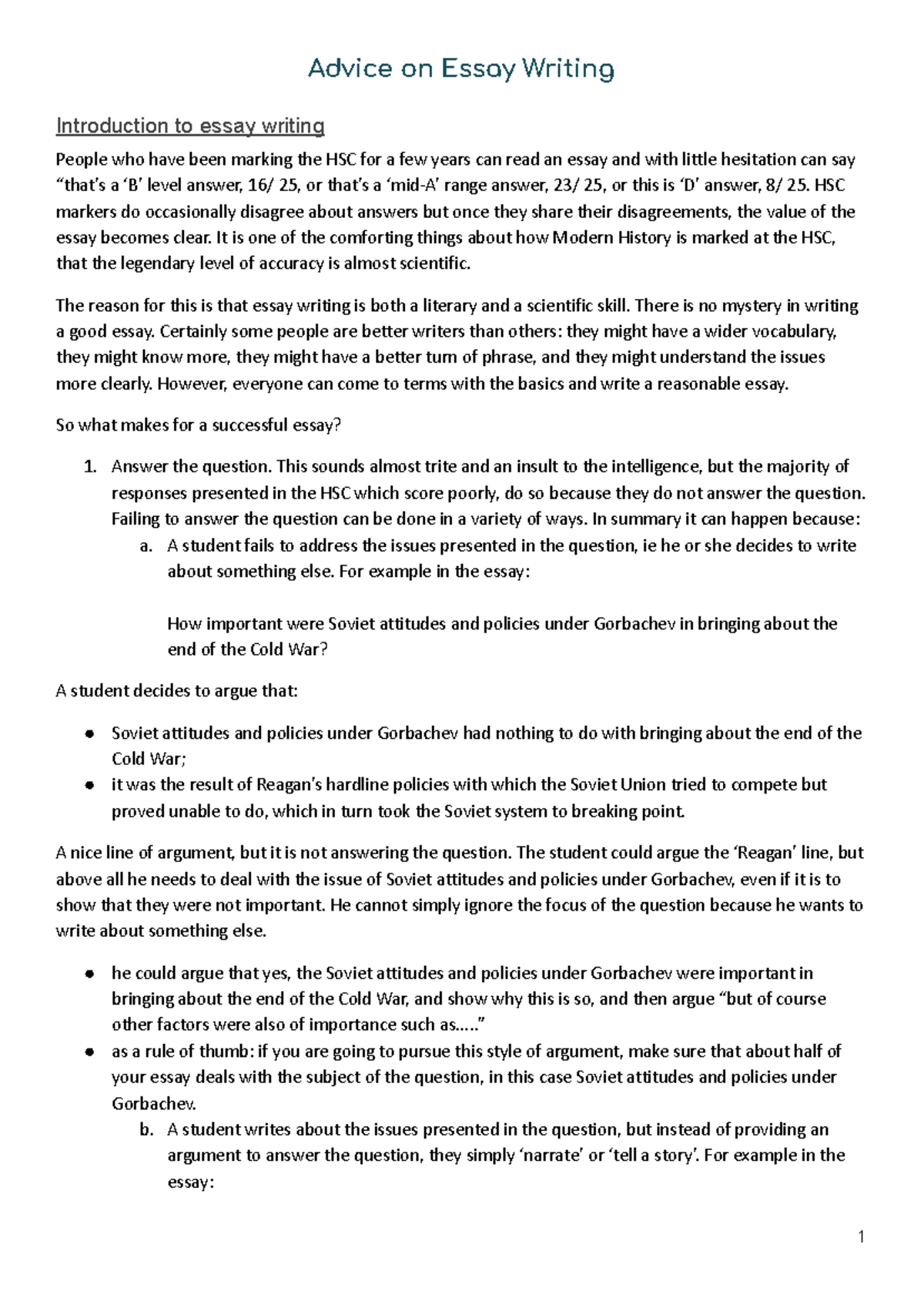 Advice on Essay Writing for HSC Students - Studocu