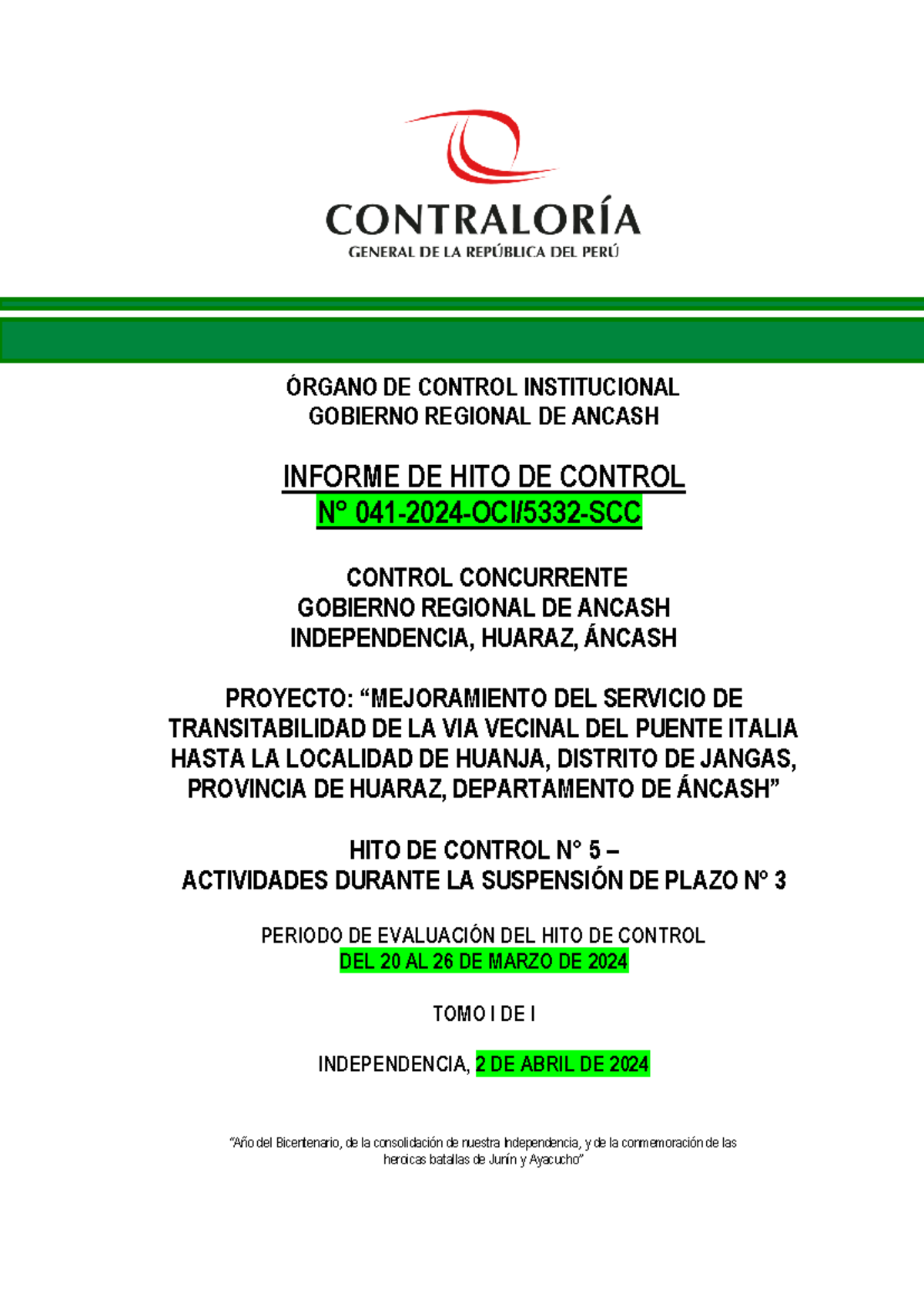 Informe de Hito de Control Nº 5 - Actividades en Suspensión de Plazo ...