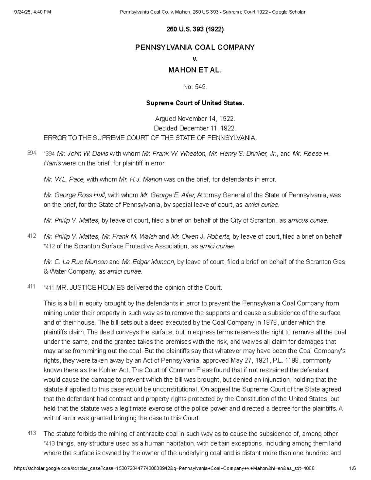 Final Exam Review: Case Study of Pennsylvania Coal Co. v. Mahon - Studocu
