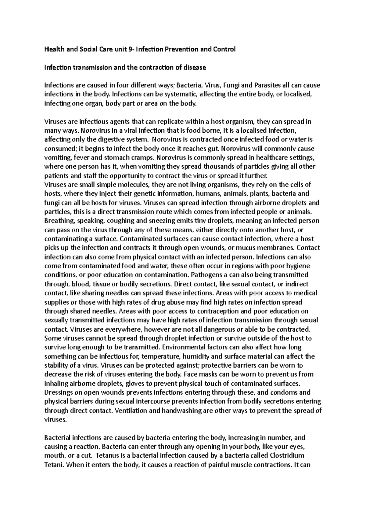 Health & Social Care Unit 9: Infection Prevention & Control Task 1 ...