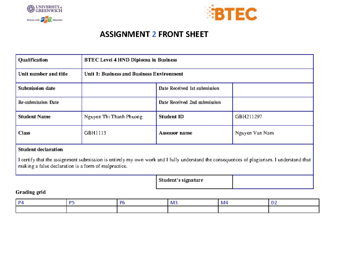 ASM2 - ASSIGNMENT 2 FRONT SHEET Qualification BTEC Level 4 HND Diploma in Business Unit number ...