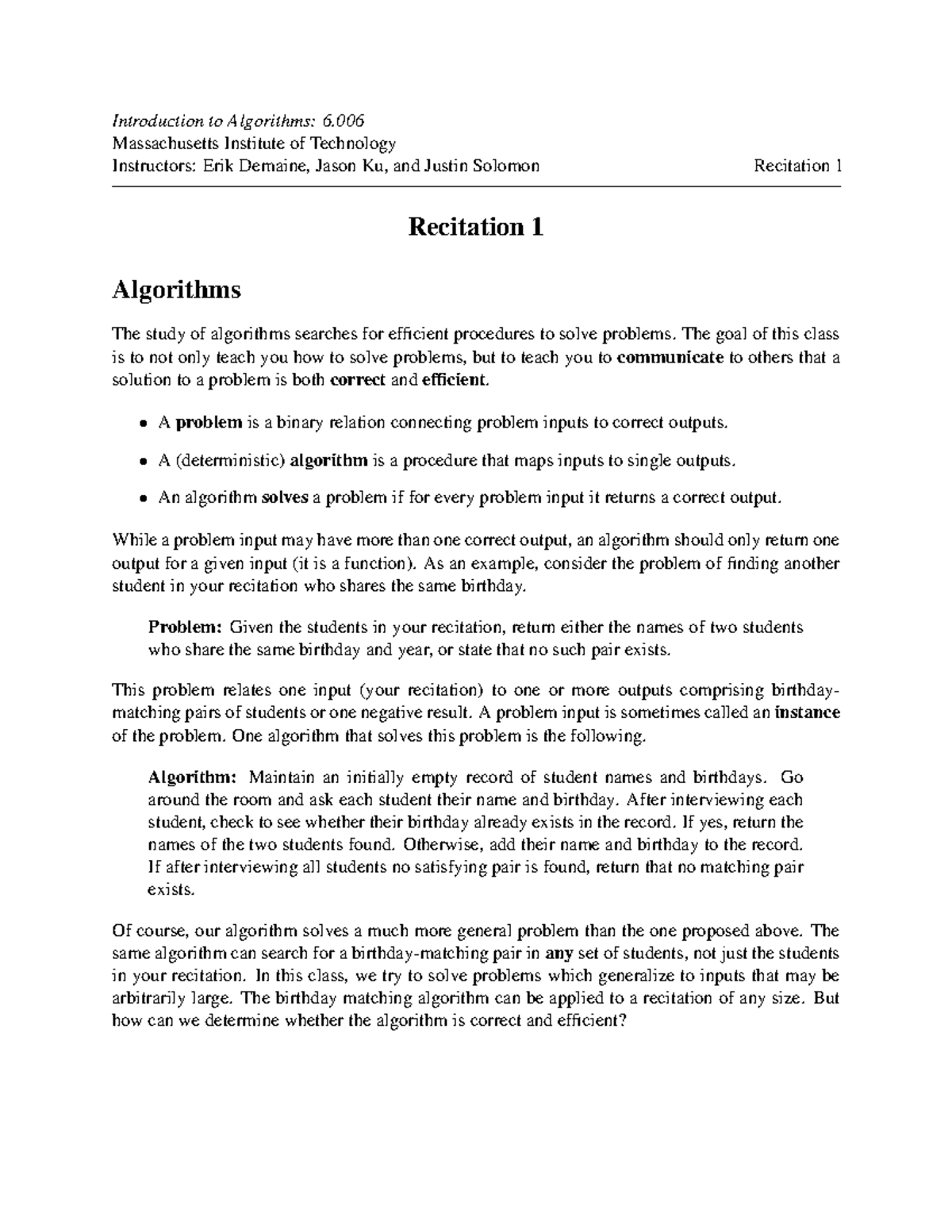 MIT 6.006 Algorithms Course Lecture Notes: Recitation 1 Overview - Studocu