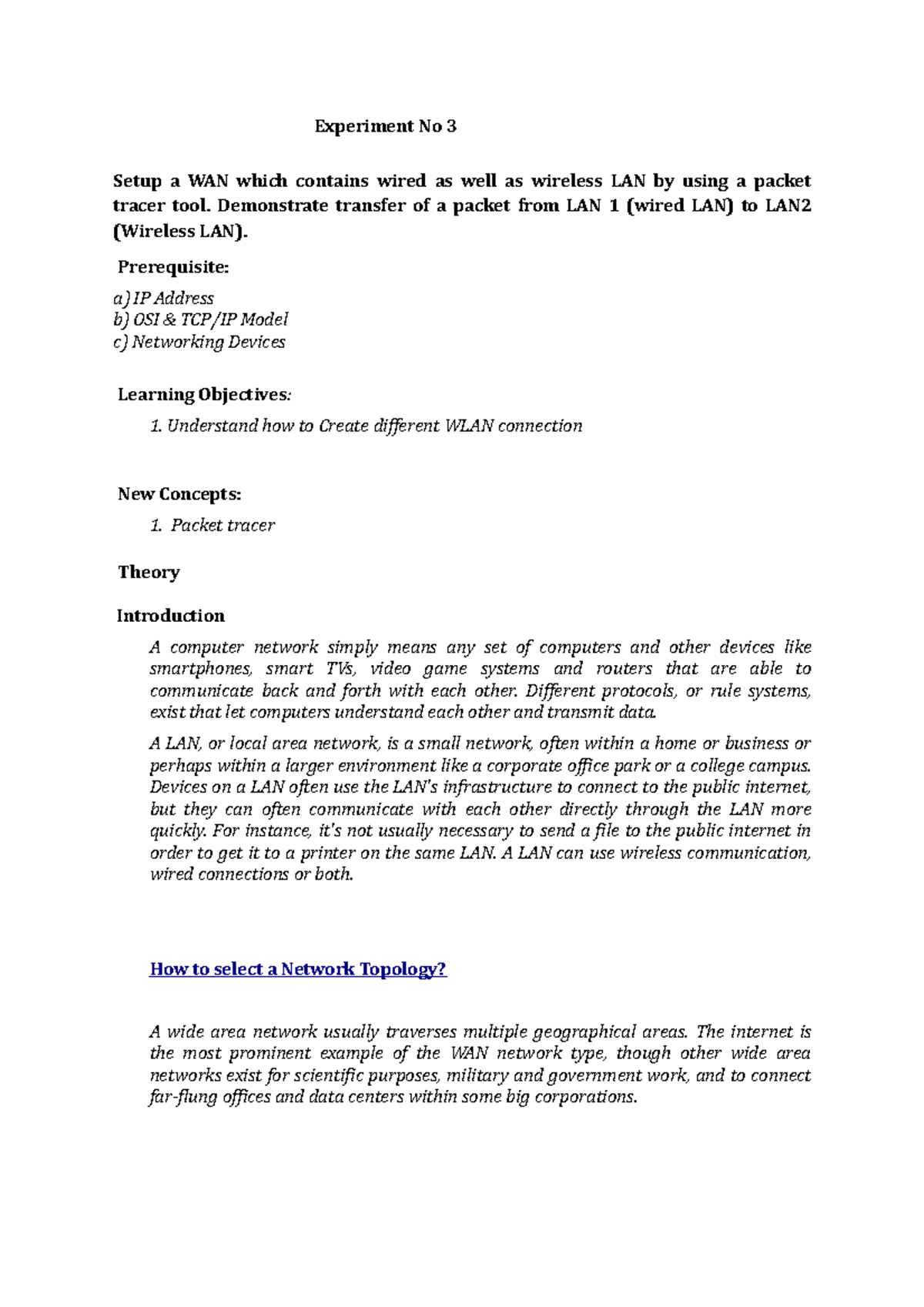 CN Experiment No 3: Configuring a Wired & Wireless LAN Using Packet Tracer - Studocu